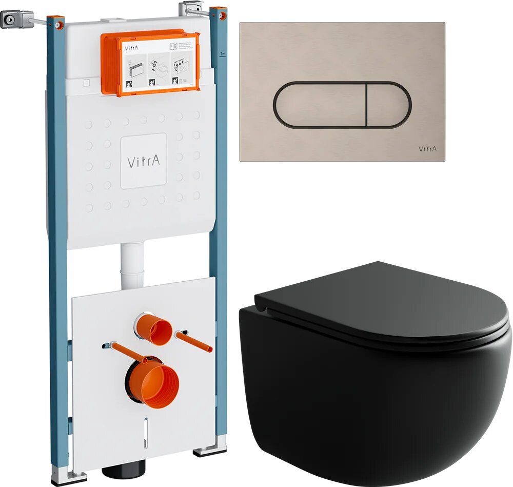 Комплект 3 в 1 Унитаз подвесной Ceramicanova UP Rimless CN4007MB, безободковый, смыв Торнадо / Инсталляция VitrA Ви-Фикс Кор (V-Fix Core) 732-5800-01PV / Кнопка Рут Раунд (Root Round) 740-2295 цвет ни