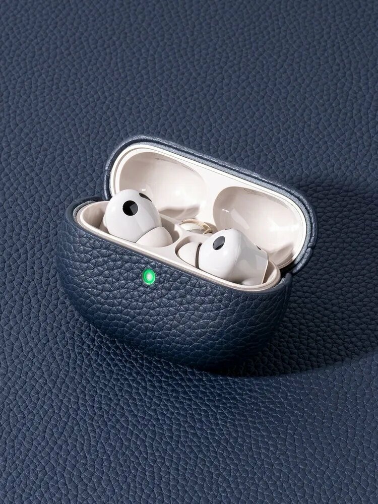 Чехол из натуральной кожи темно-синего цвета для наушников HUAWEI FreeBuds Pro 5 с поддержкой беспроводной зарядки