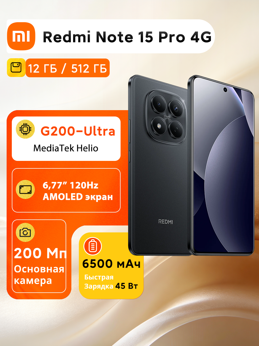 Смартфон Xiaomi Redmi Note 15 Pro 4G 12/512GB, Dual nano SIM, Black, NFC