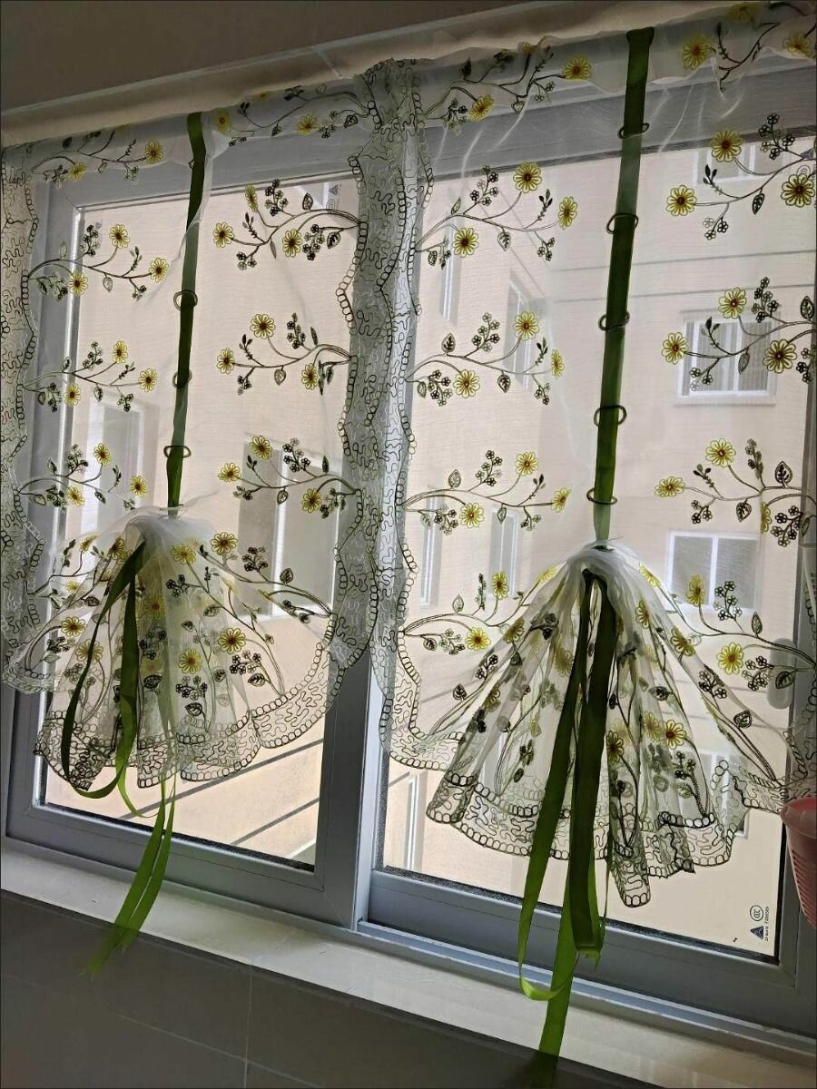 Штора штора-кафе 150х60 см крепление Завязки салатовый на завязках для кафе