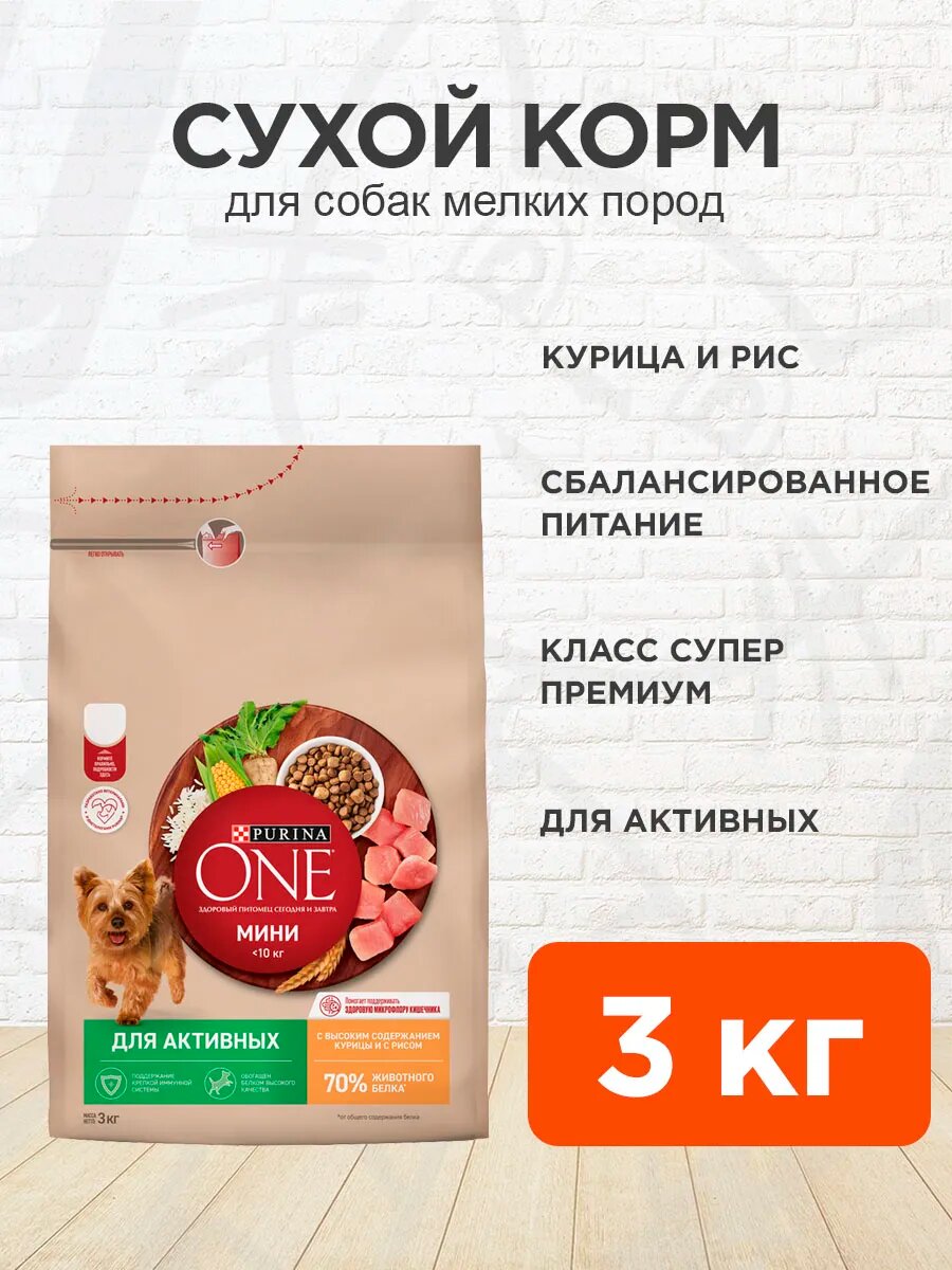 Корм сухой Purina One Мини для взрослых собак мелких и карликовых пород при активном образе жизни, курица и рис, 3 кг