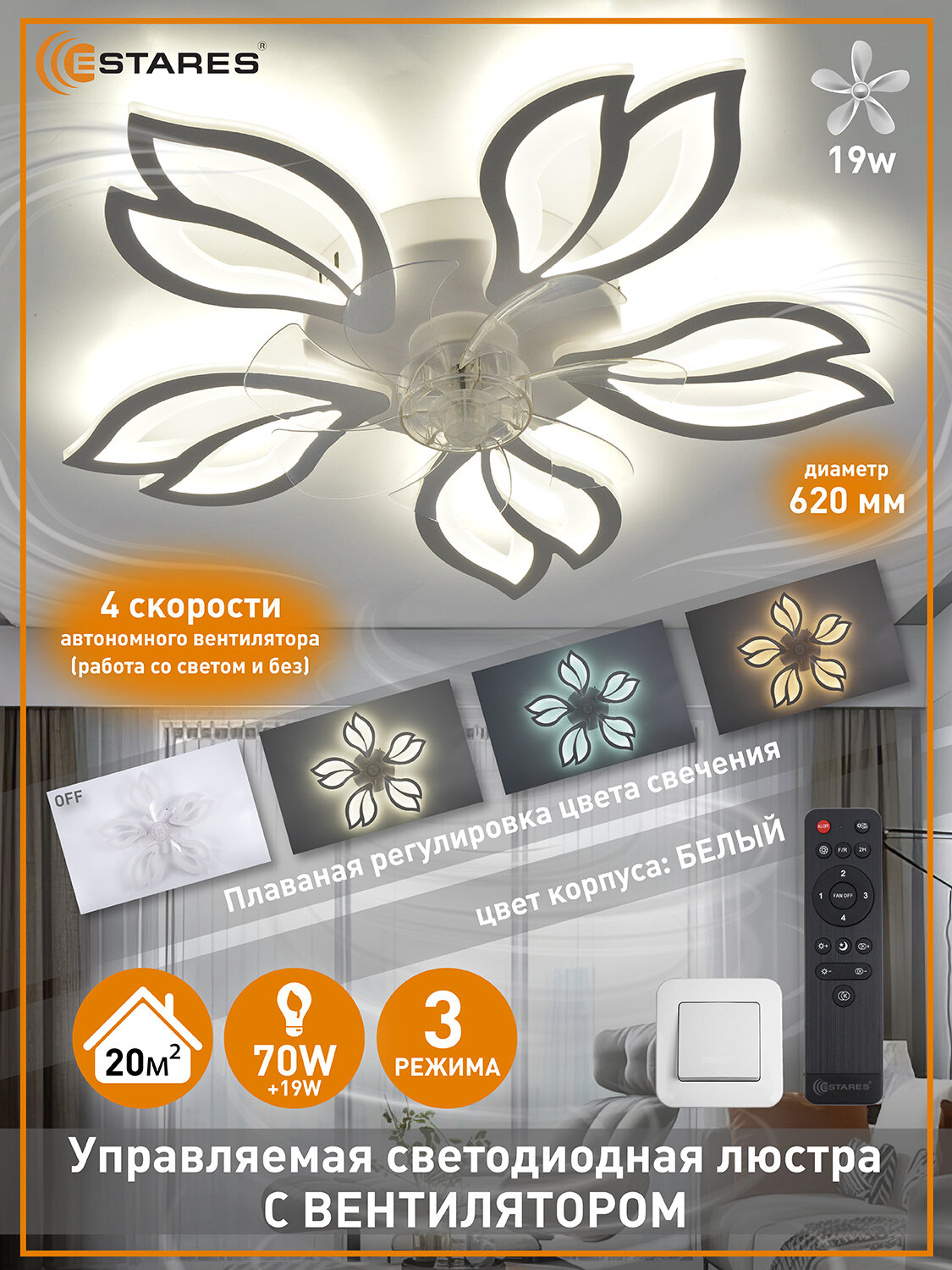 Управляемая светодиодная люстра c вент. FAN ASTRA 70W+19W 5F-IRC-620x125-WHITE/WHITE/CLEAR-220-IP20