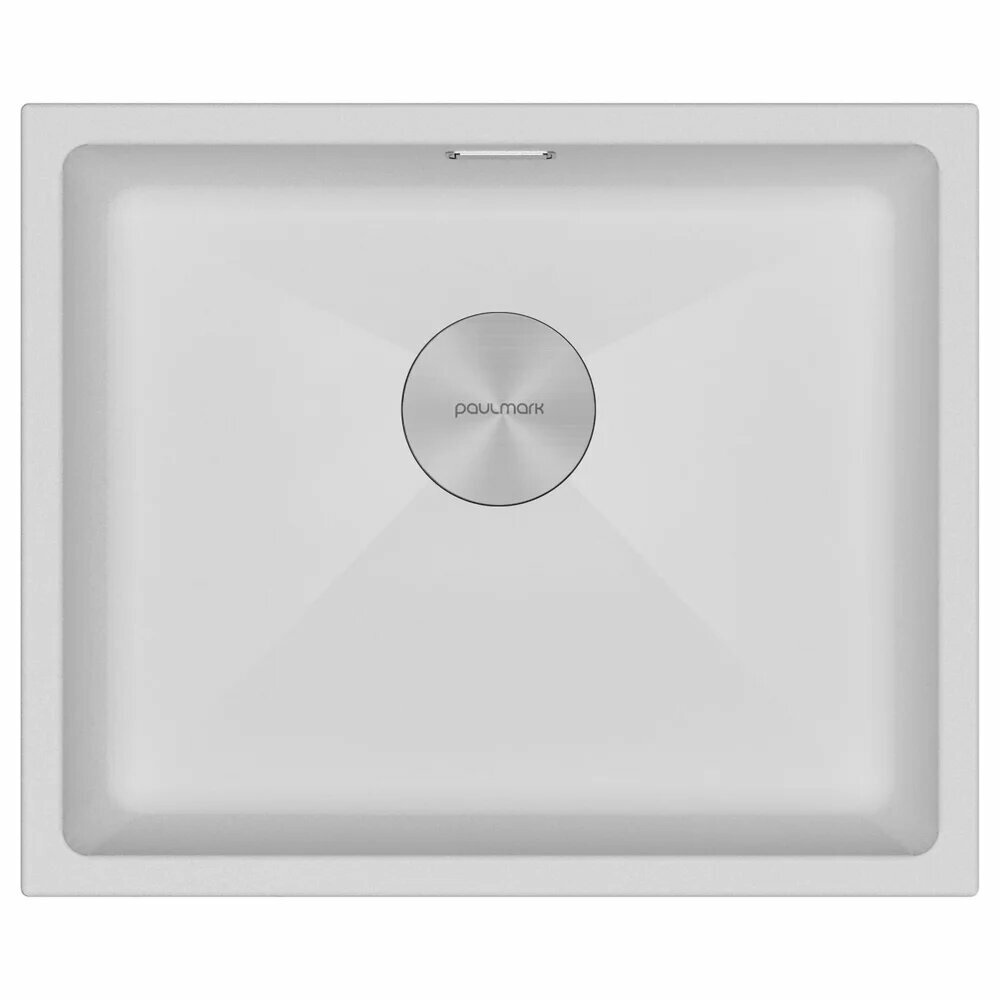 Мойка кухонная Paulmark Lumi LU55-WH гранитная, 55x46, прямоугольная, белая, матовая, мойка для кухни, встраиваемая снизу, с сифоном, со сливом-переливом