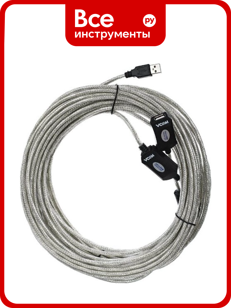 Удлинительный активный кабель‑адаптер VCOM USB 2.0‑repeater Am‑Af 20м VUS7049‑20M, серый провод, корпус, разъём