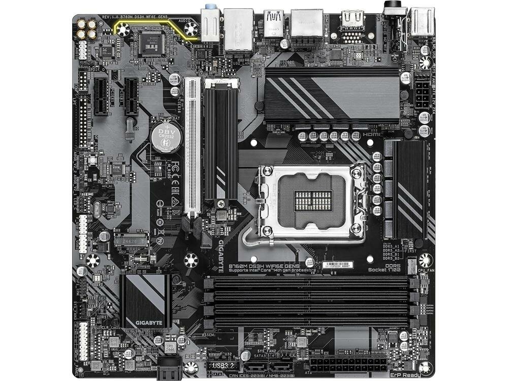 GIGABYTE B760M DS3H WF6E GEN5, LGA1700, B760, 4*DDR5, 4*SATA, 2*M.2, 3*USB 3.2, 2*USB 2.0, Type-C, 1*PCIx16, 2*PCIx1, HDMI+2*DP, mATX