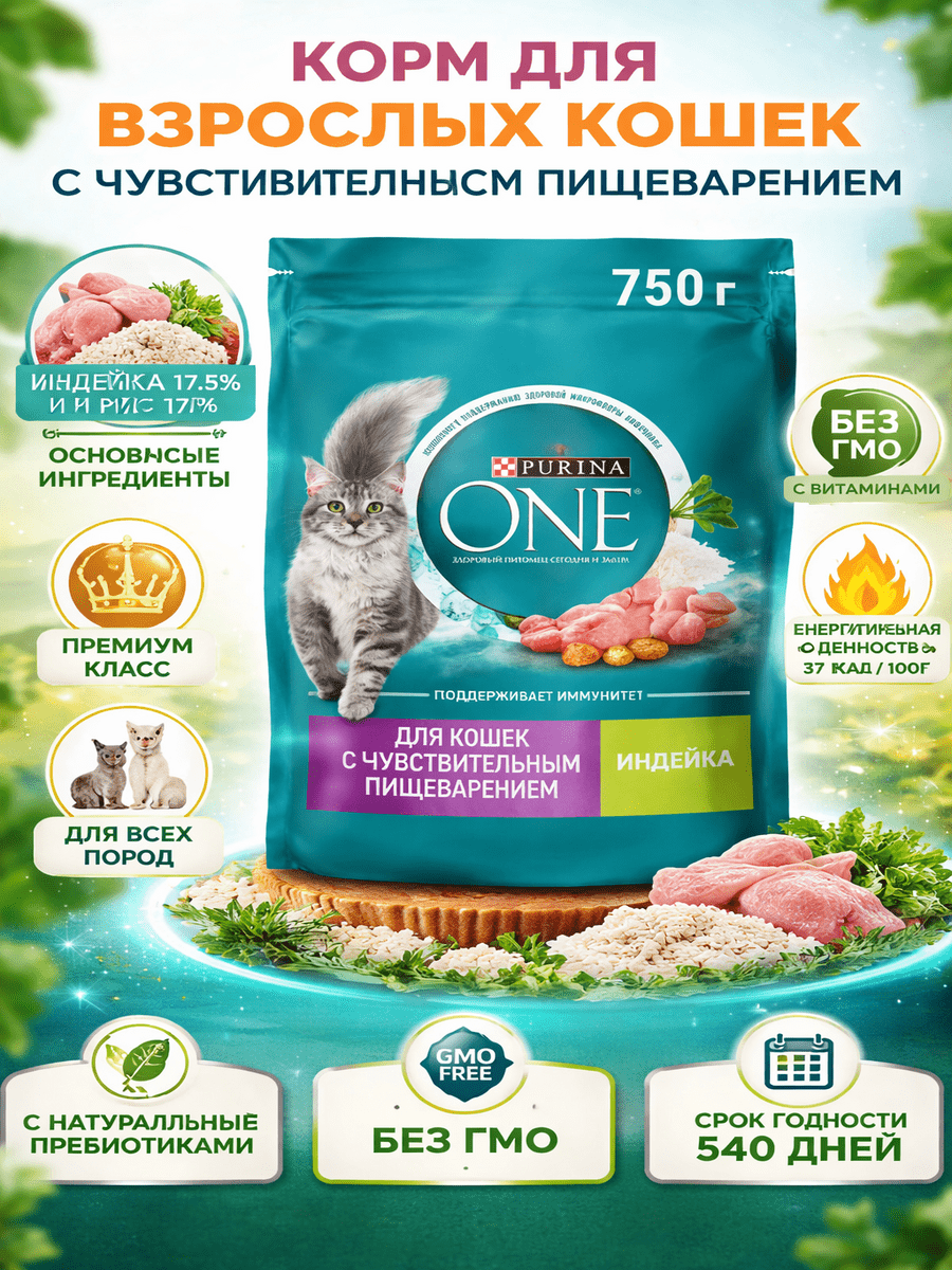 Корм сухой Purina One для взрослых кошек при чувствительном пищеварении с индейкой и рисом, 750г
