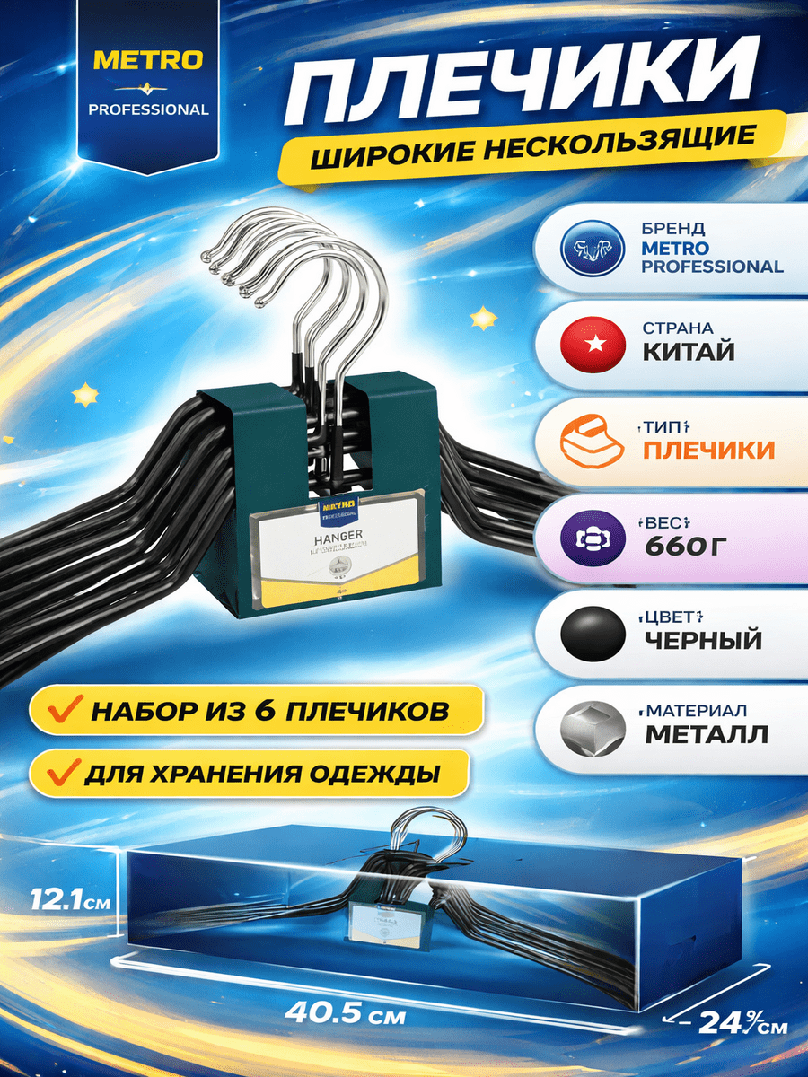 METRO PROFESSIONAL Плечики широкие нескользящие металлические, 6шт