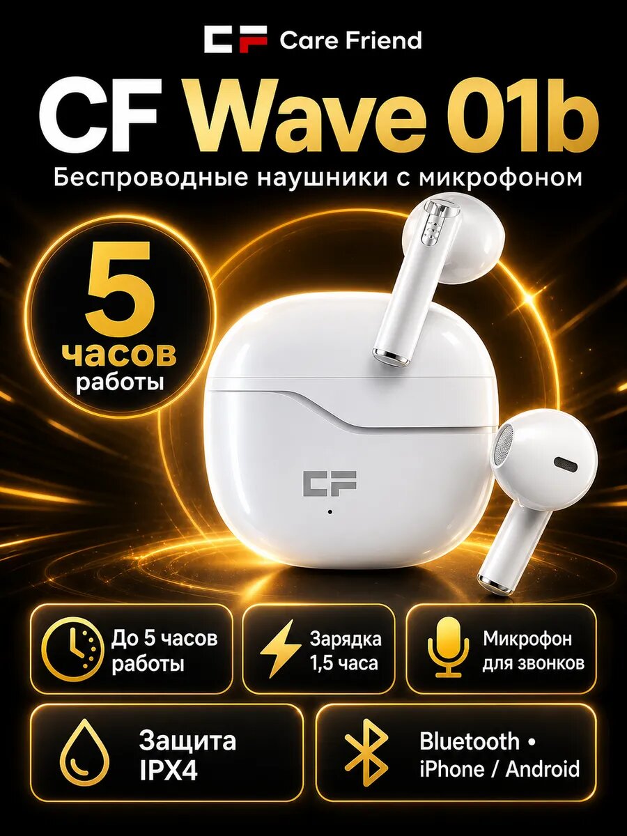 Наушники беспроводные CF PRO WAVE 01W с микрофоном внутриканальные, белые, TWS, Bluetooth