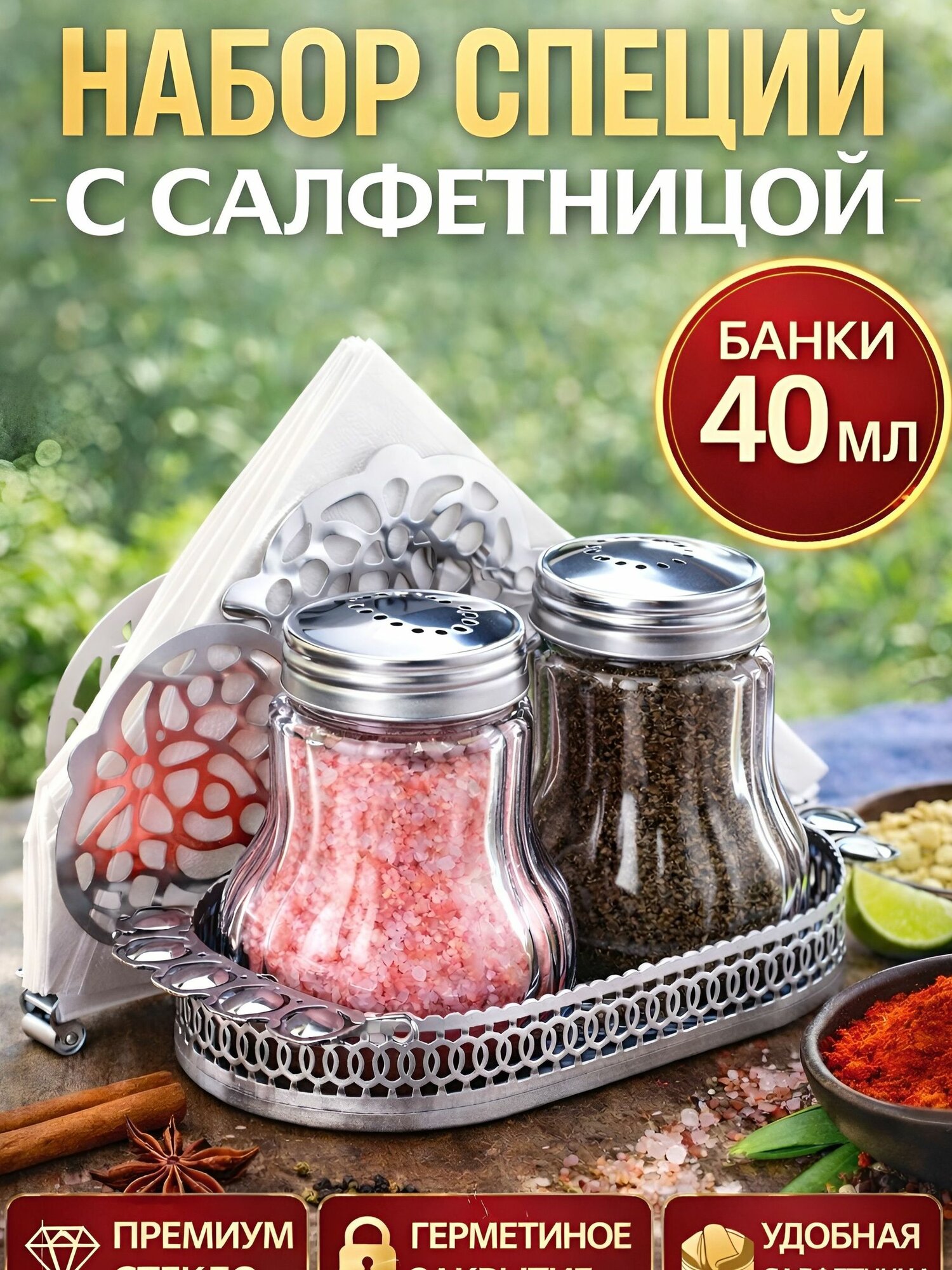 Набор баночек для специй и приправ на подставке, органайзер на стол Mayer&Boch салфетница , солонка и перечница