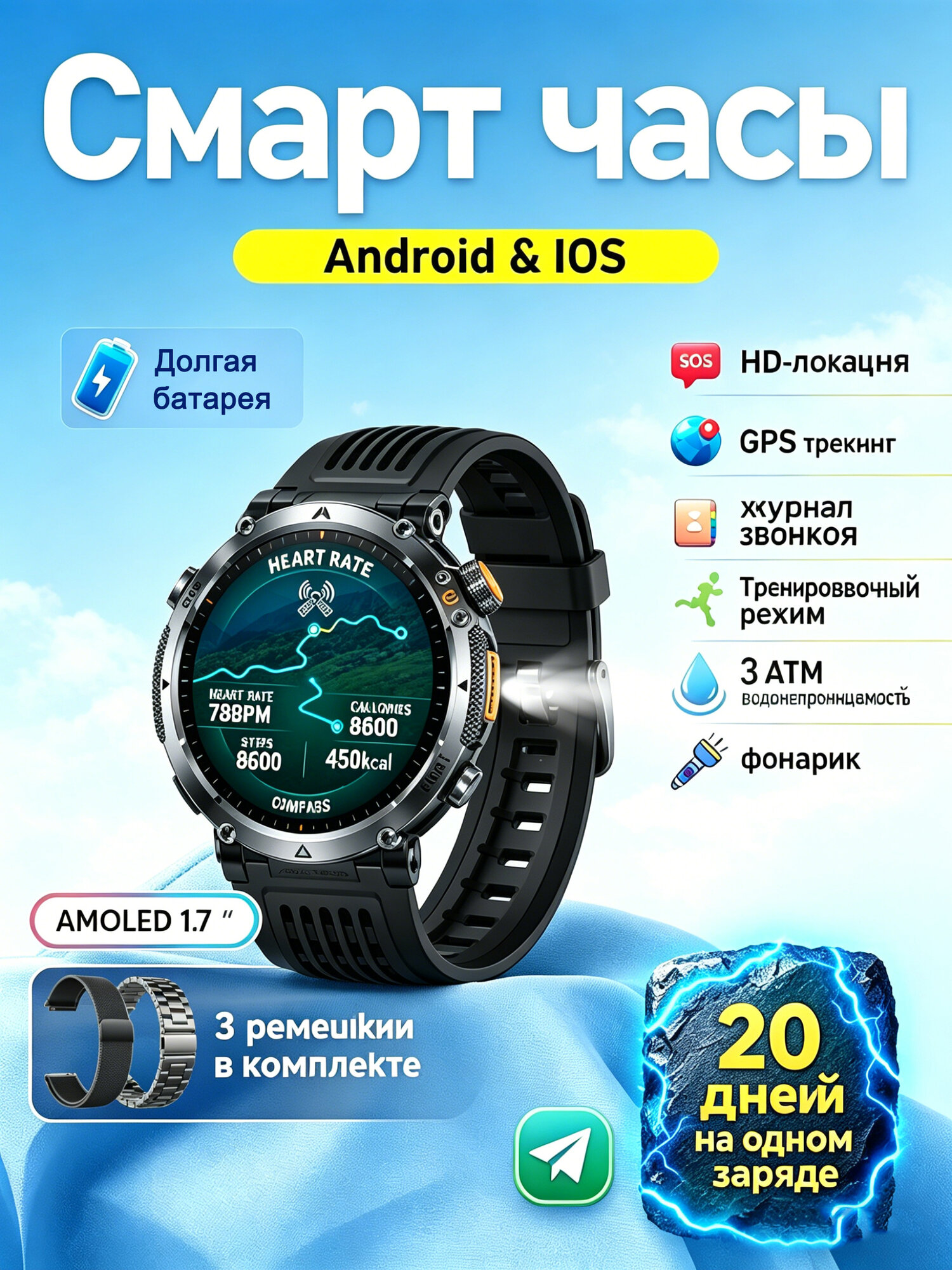 Военный класс Смарт часы Galaxy HT42 контроль здоровья встроенный GPS компас фонарик 850 мАч ёмкий аккумулятор