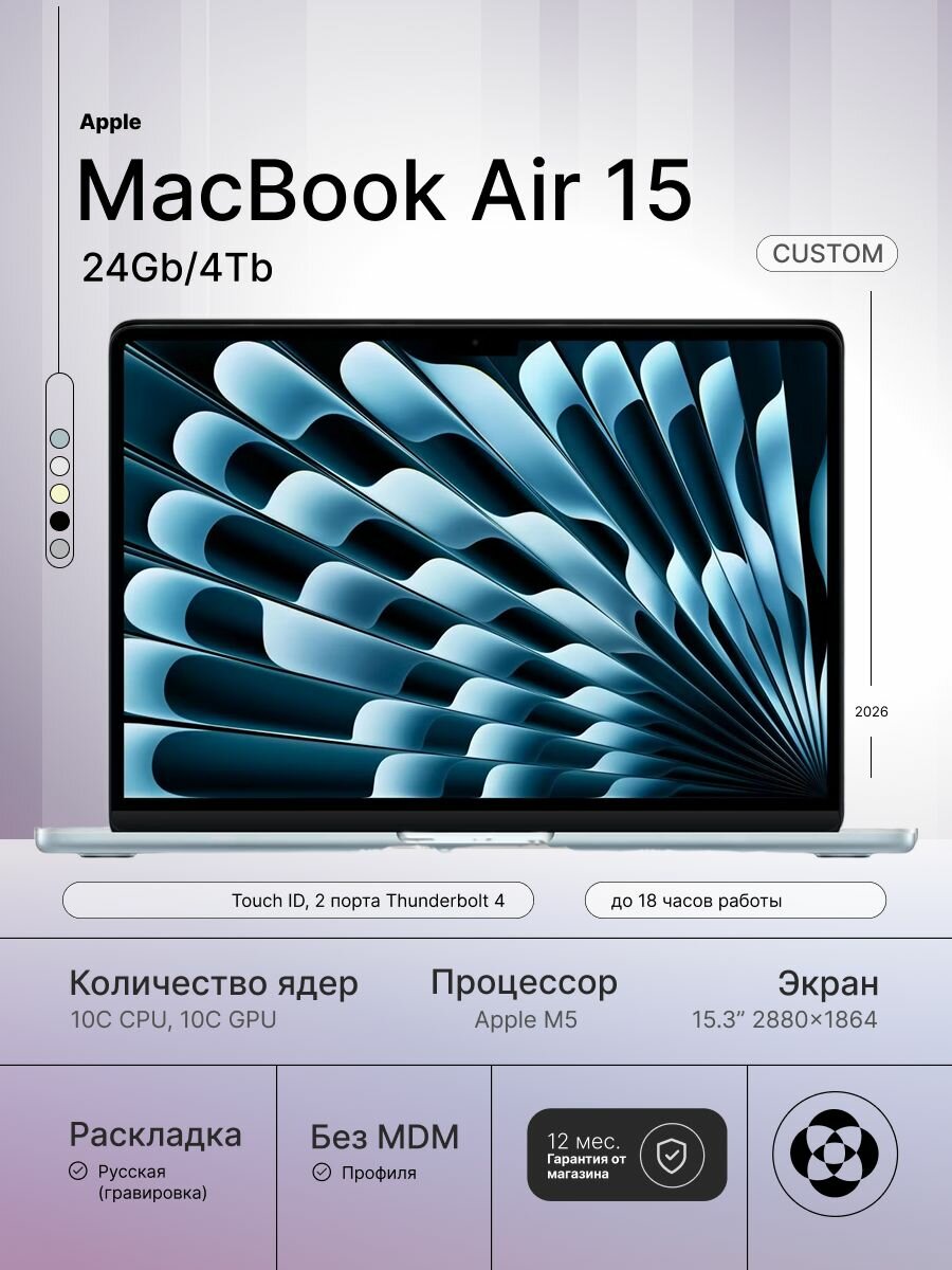 Ноутбук Apple MacBook Air 15 (2026), M5, 24/4096Gb (Z1M2000VY), Sky Blue