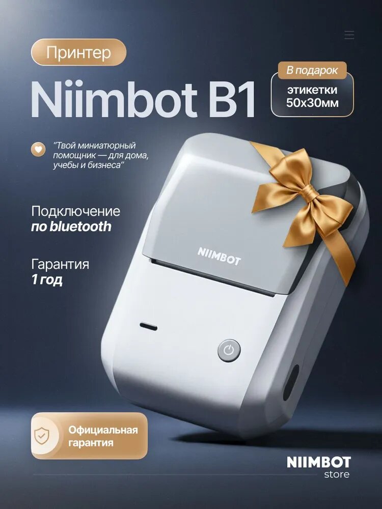 Термопринтер для этикеток и наклеек Niimbot B1 синий, беспроводной рулон этикеток 50x30 мм