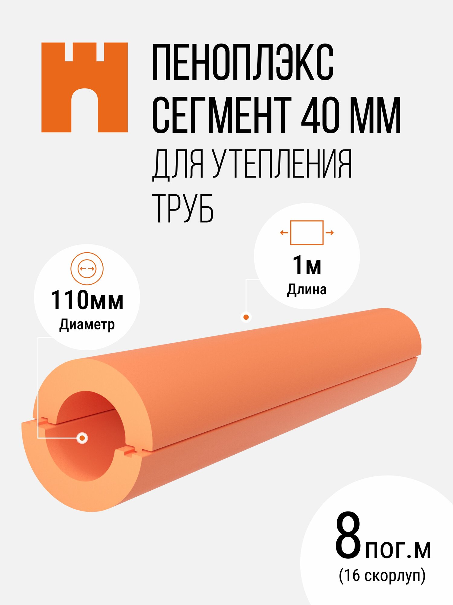Утеплитель пеноплэкс для труб диаметром 110мм, скорлупа XPS 40мм, 8 пог. м, 16 скорлуп