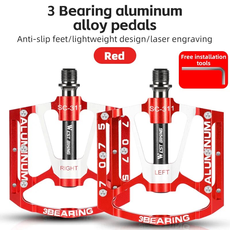 West Biking педали Red Black, 3-х подшипниковые, алюминий