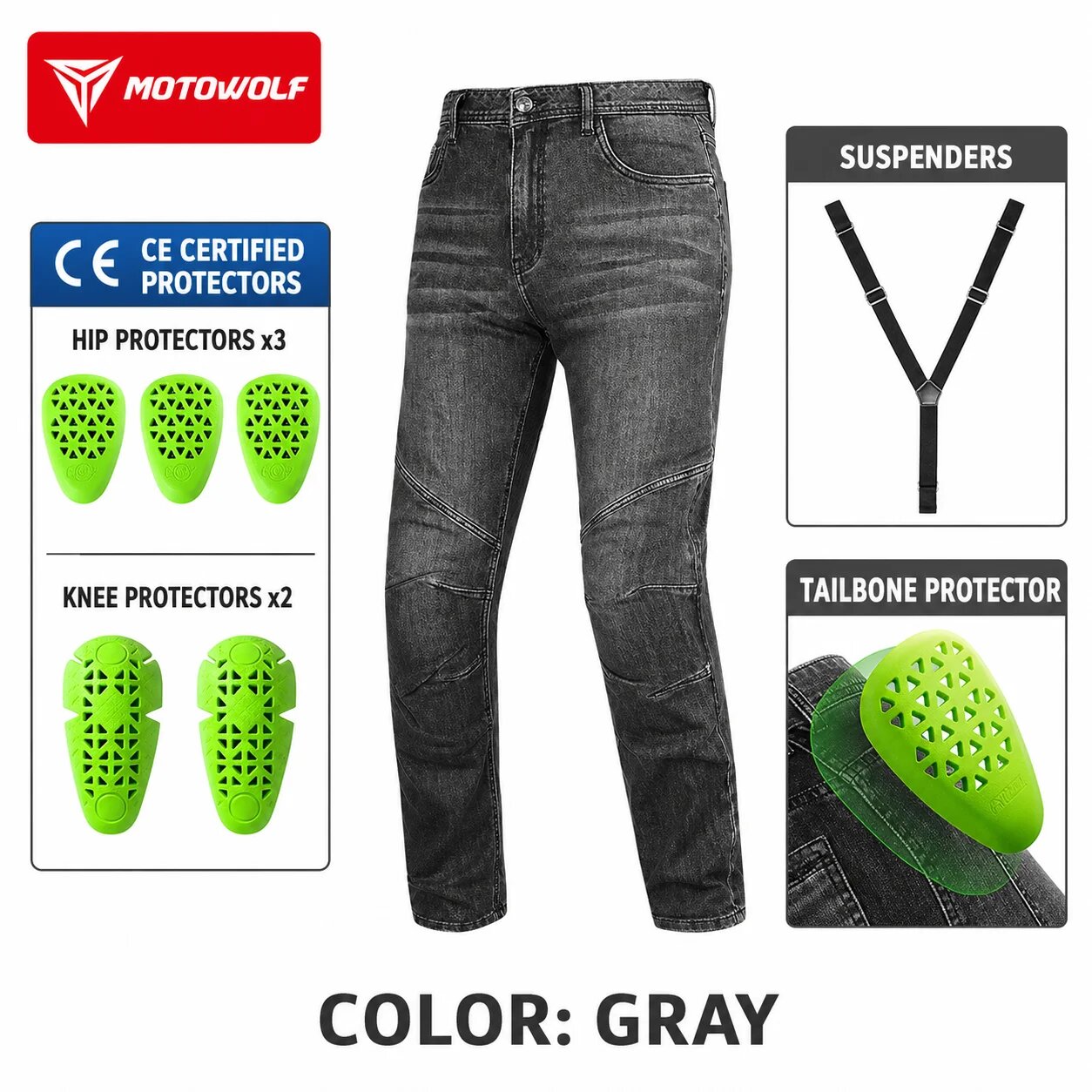 Мотоджинсы Motowolf CE Approved Slim Fit с защитой от истирания, байкерские брюки с 34, Black Gray