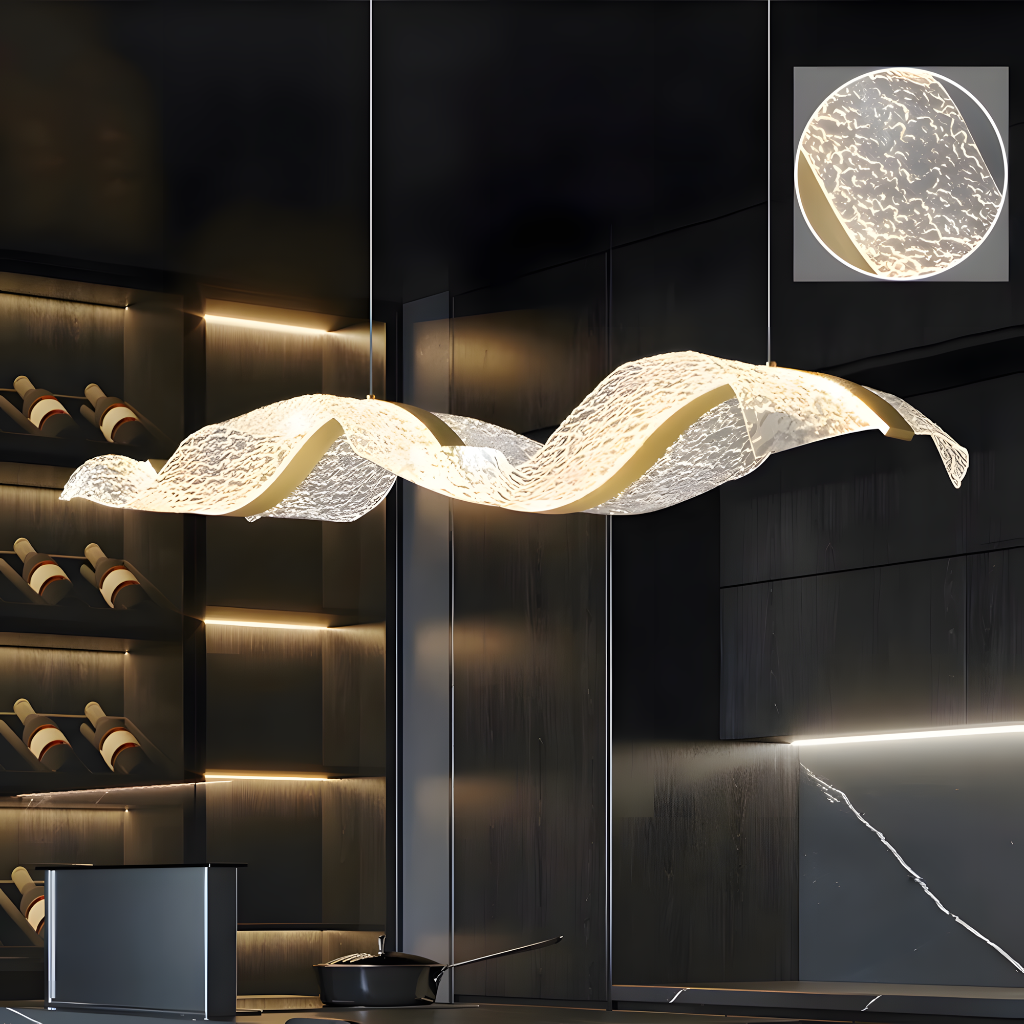 TONDI Скандинавская светодиодная люстра, L 100cm, Water ripples-Gold, Dimmable With Remote