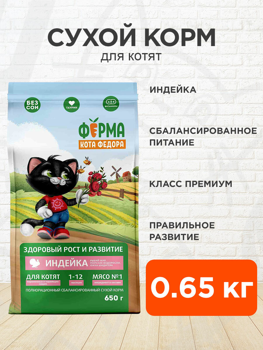 Корм сухой Ферма Кота Федора для котят, беременных и кормящих кошек, индейка, 0,65 кг