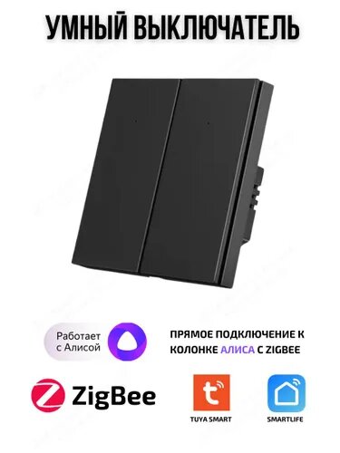 Умный выключатель Tuya ZigBee для Алисы, двухклавишный, с конденсатором, черный
