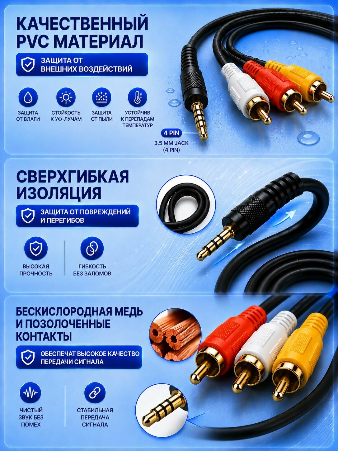 RCA кабель / аудиокабель 3хRCA - Jack 3.5мм / кабель AUX