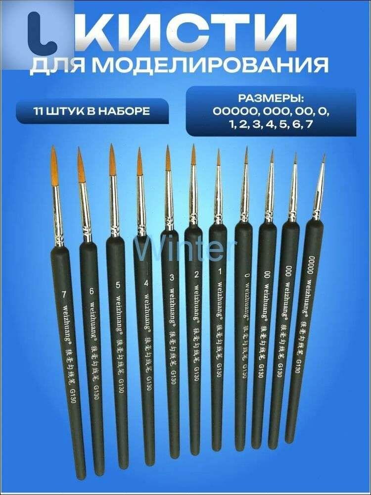 Набор кистей для моделирования миниатюр, 11 шт