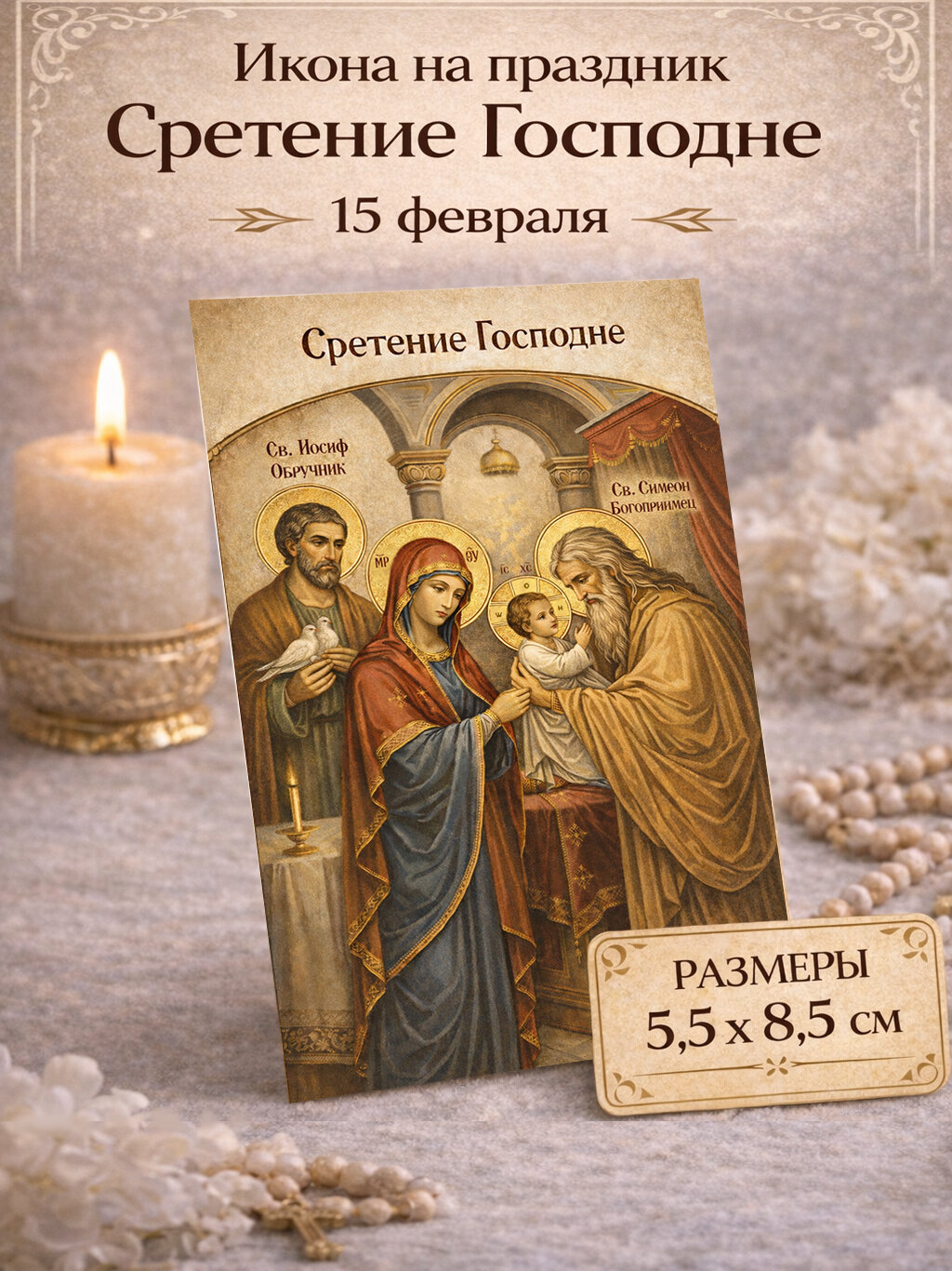 Карманная икона 5.5х8.5 см Сретение Господне (Встреча) ламинированная освященная