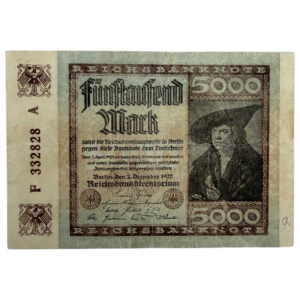Веймарская республика (Германия) 5000 марок 1922 г. (02.12) (ВЗ - Звёзды G&D) (Серия F A)