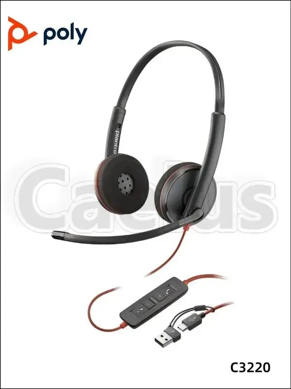 Наушники проводные с микрофоном Проводная гарнитура Plantronics C3220, Stereo, USB-C с адаптером USB-C/A (в комплекте), черный, красный