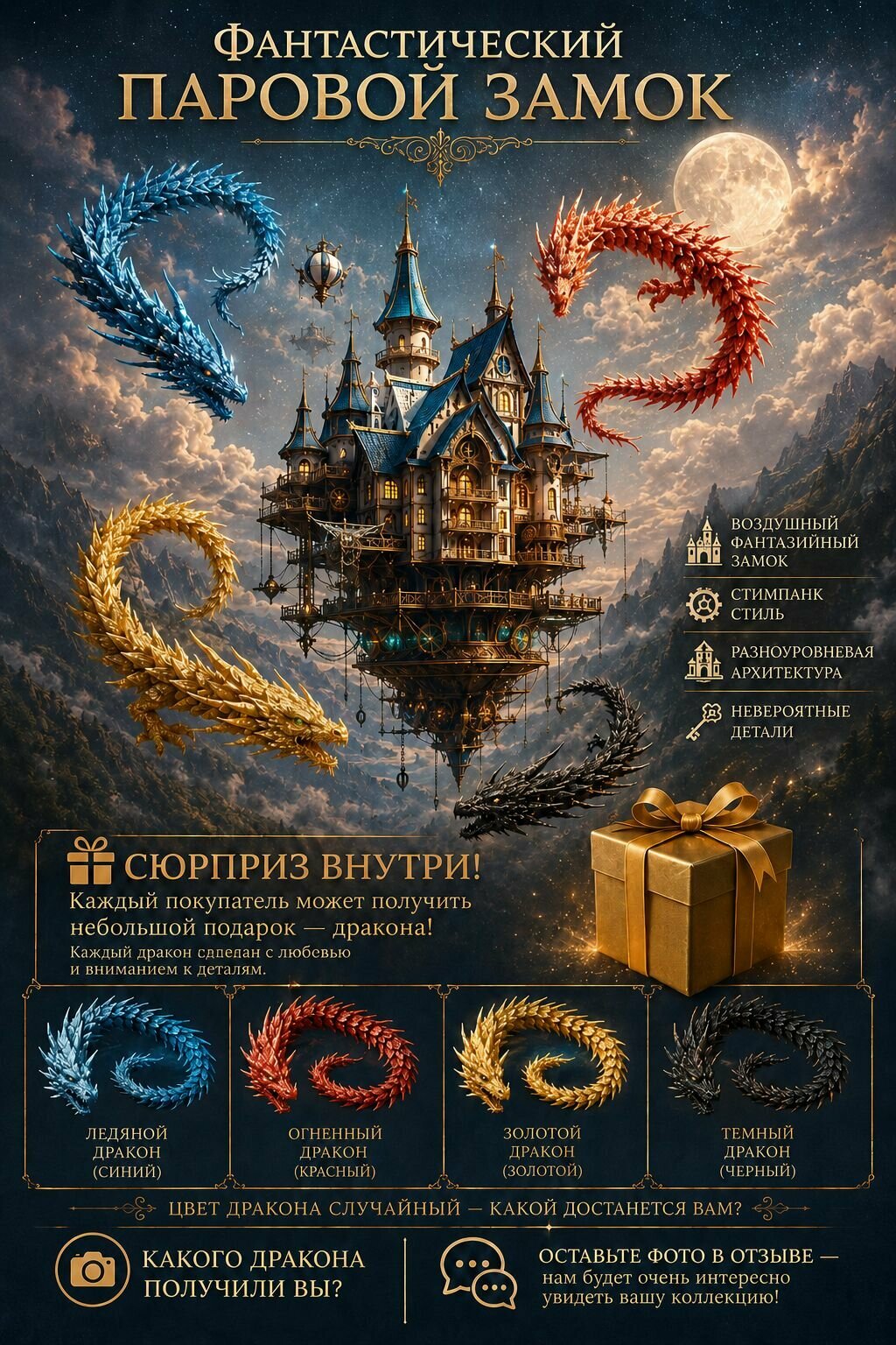 Конструктор 3D деревянный Парящий стимпанк замок с подсветкой, механическая модель с шестернями, DIY набор для сборки, интерьерный декор, подарок 14+,