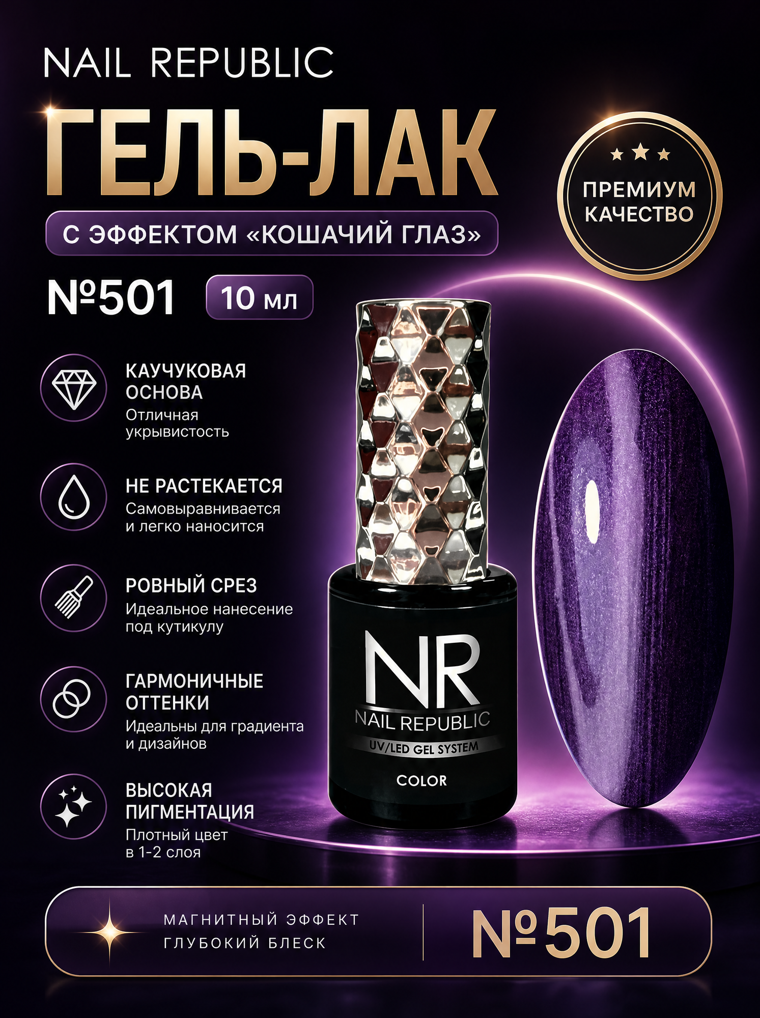 Nail republic гель-лак с эффектом "кошачий глаз" №501 10мл