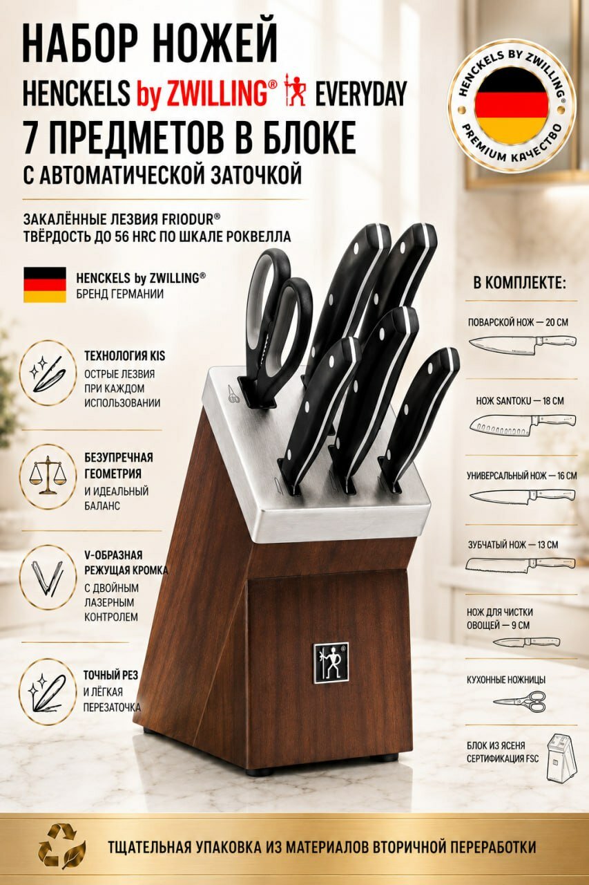 Набор ножей Henckels by ZWILLING EVERYDAY Германия, оригинал, в блоке, с автоматической заточкой, 7 предметов, коричневый