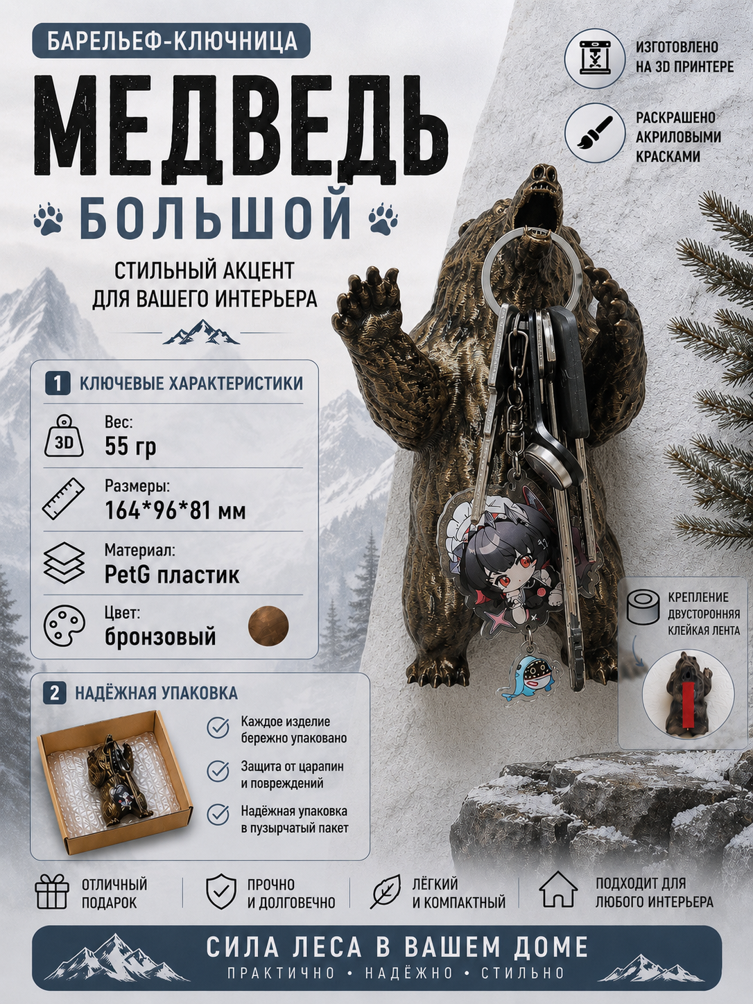 Статуэтка барельеф - Медведь большой ключница