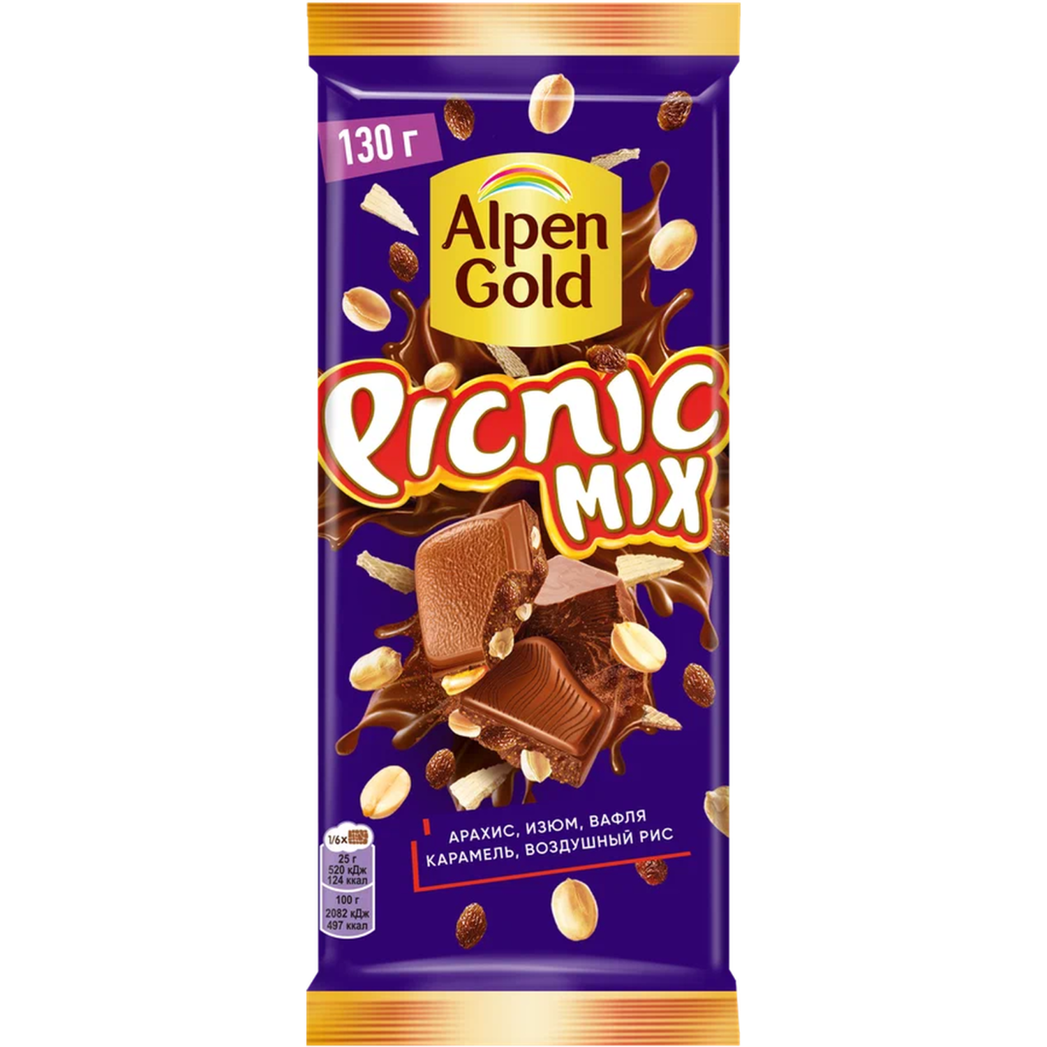 Альпен Гольд Picnic mix молочный шоколад с арахисом изюм воздушным рисом карамелью вафельной крошкой, 130 г
