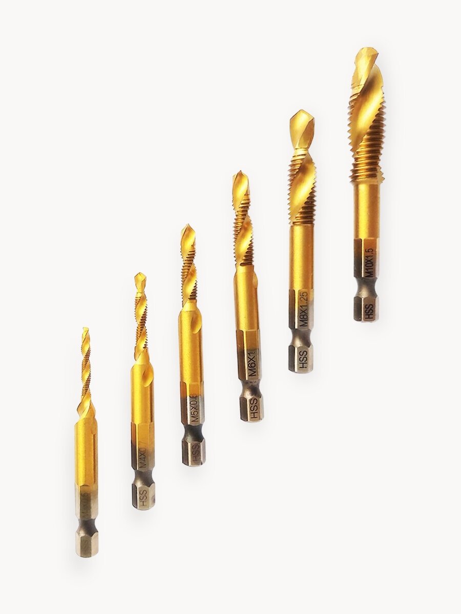 Набор сверл-метчиков с титановым покрытием с шестигранным хвостовиком из быстрорежущей стали 6шт.