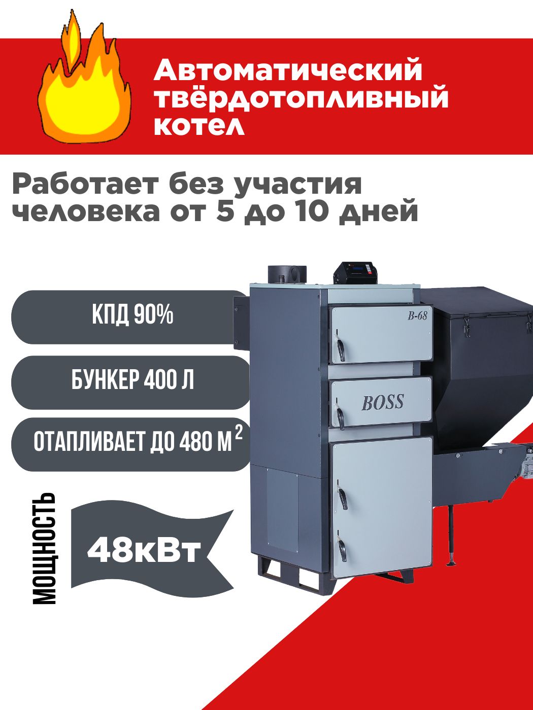 Автоматический твердотопливный котел BOSS 48 кВт угольный 480 кв м Россия