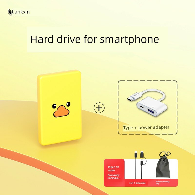 750GB Лимонно-желтый портативный SSD для iPhone с включенным адаптером питания USB-C и кабелем