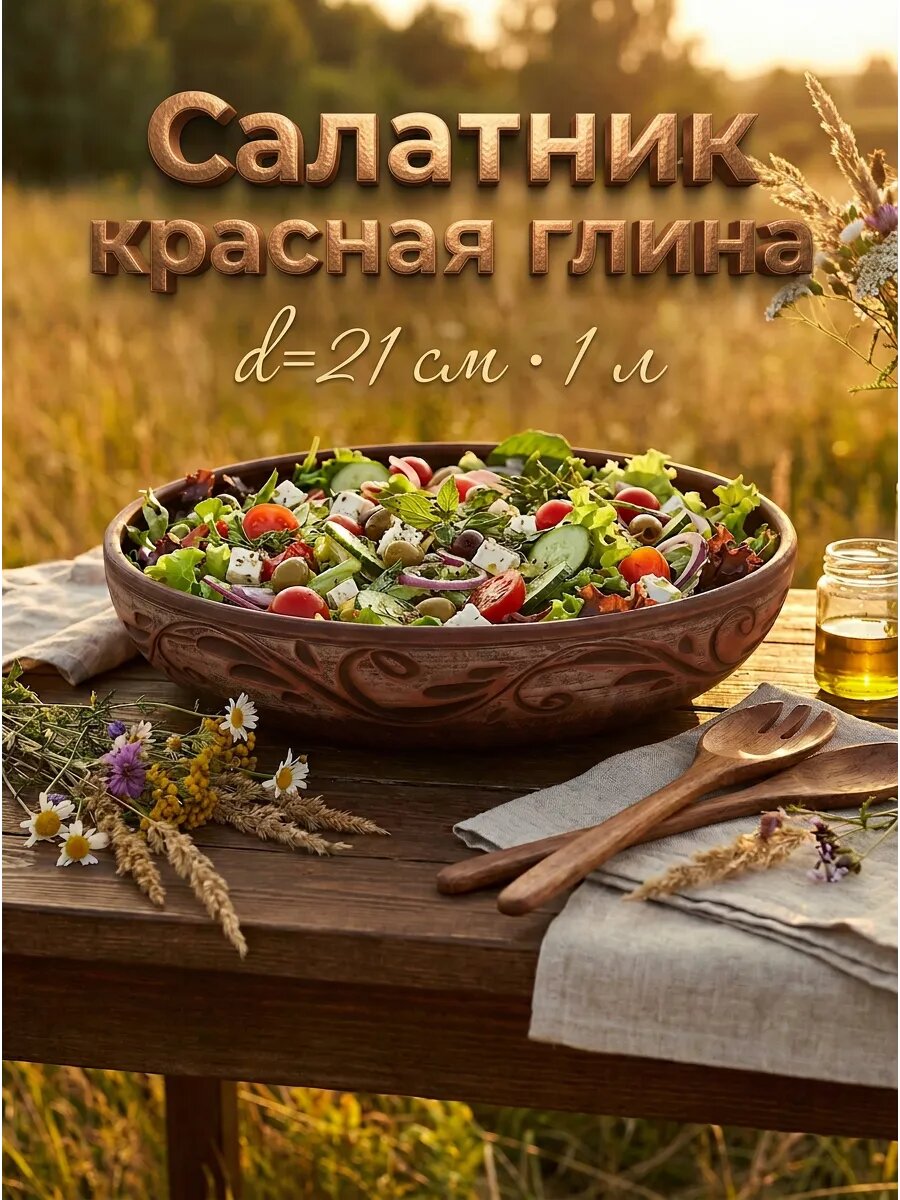 Салатник «Орнамент», 1 л, 5×21×21 см, красная глина, коричневый