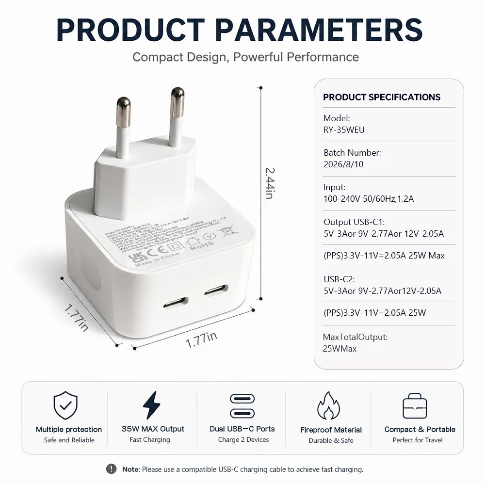 CIOFYNT 35W Адаптер Быстрой Зарядки С Двумя Портами USB-C PD, Вилка Стандарта ЕС Olny EU Plug