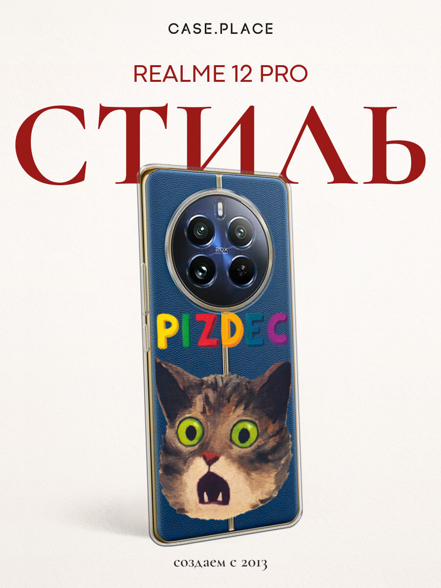 Чехол на Realme 12 Pro/Realme 12 Pro Plus / Реалми 12 Про/Реалми 12 Про Плюс с принтом Испуганный котик с надписью, прозрачный