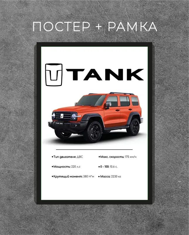 Постер TANK в рамке A4 / Интерьерный декор для дома, офиса, подарок автолюбителю, другу, парню