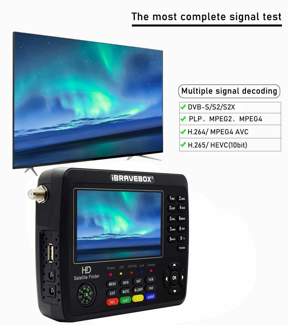 IBRAVEBOX V10 Finder Max+ HD сигнализатор спутникового ТВ DVB-S/S2/S2X, 4.3 дюйма ЖК-дисплей, для установки спутниковых антенн