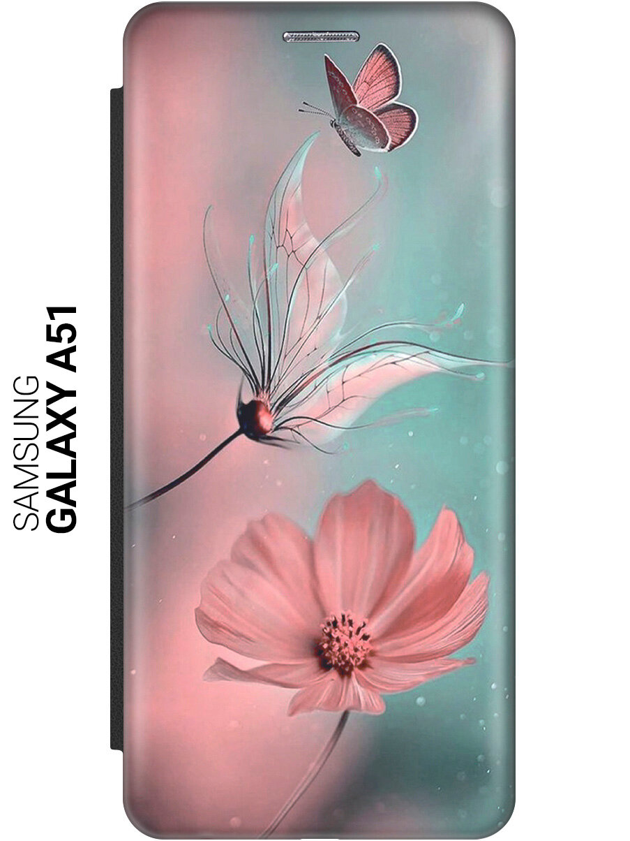 Чехол-книжка на Samsung Galaxy A51 с принтом "Бабочка и цветы" черный