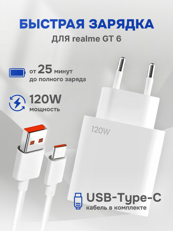 Зарядное устройство для телефона realme GT 6 (Реалми GТ 6) / Быстрая зарядка 120W / кабель type c в комплекте