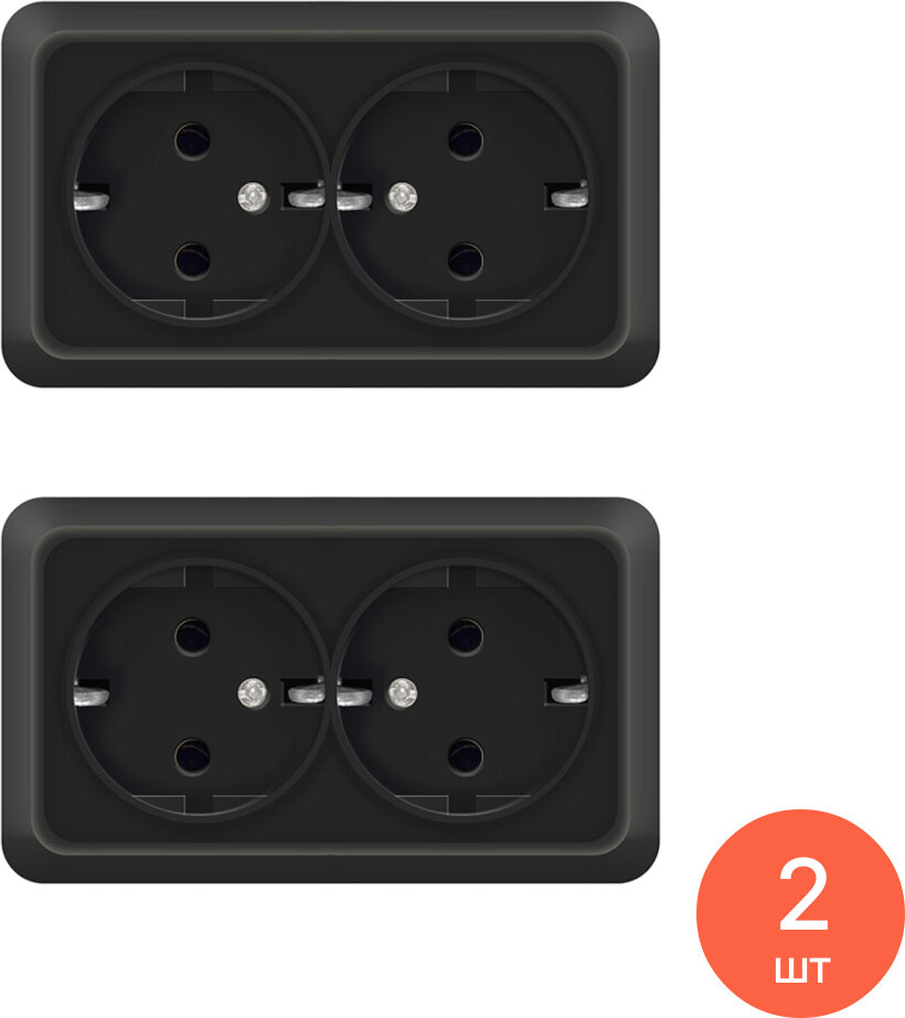 Розетка силовая штепсельная UNIVersal / Юниверсал Олимп 16А 220В ОП черная, 2-местная с заземляющими контактами, 2216 / электрооборудование (комплект из 2 шт)