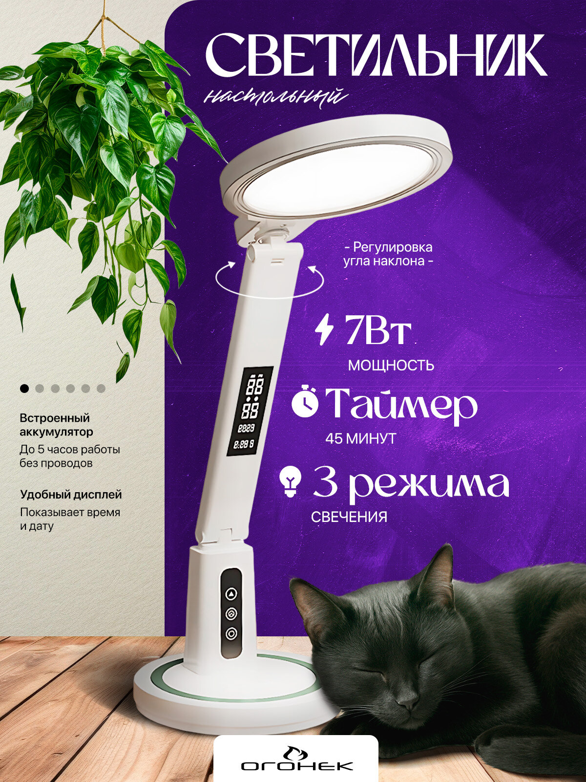 Лампа настольная с таймером для учебы светодиодная Огонёк OG-LDP41B