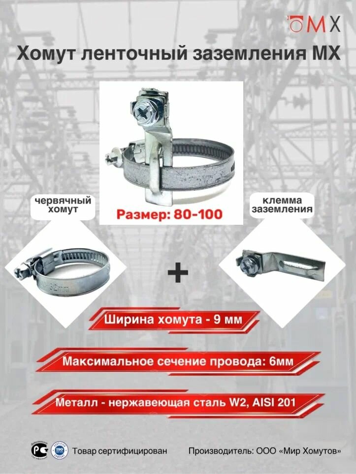 Ленточный хомут заземления 80-100, 1шт МХ (хомут из нержавеющей стали+ клемма из оцинкованной стали)