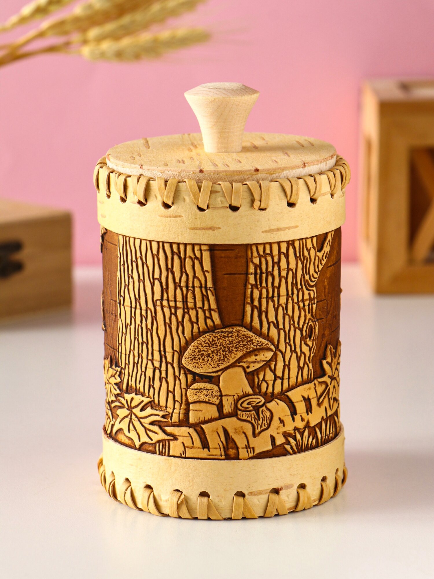 Туес шитый для хранения "Осень" , D9 смхH(с хватком)14см, береста