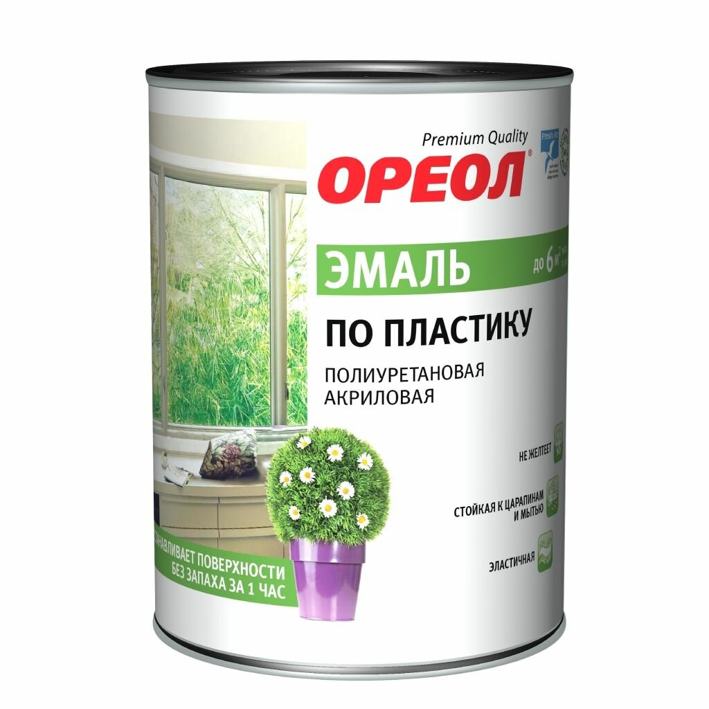 Акриловая эмаль Ореол для пластика, белая полуматовая, 1.1 кг, быстросохнущая краска без запаха для внутренних работ