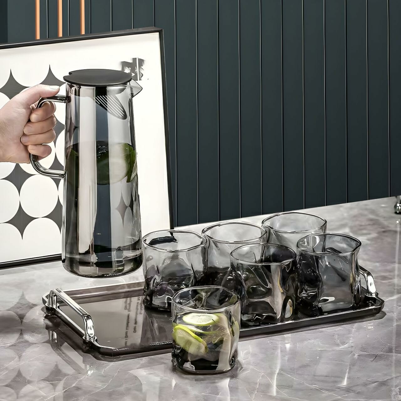 Стеклянный графин 1500 мл с 6 изящными стаканами для элегантной подачи