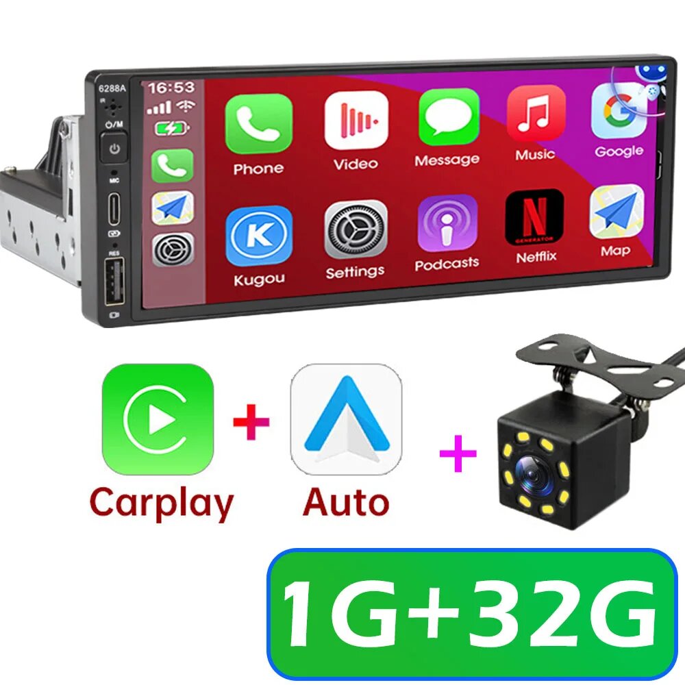 Универсальный мультимедийный проигрыватель 1 Din на Android с сенсорным экраном 6,9 дюйма, автомагнитола 1 Din, видео, GPS-навигация, Wi-Fi, Bluetooth, 6288 1 32G CPL Cam