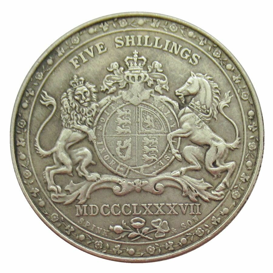 Британская памятная монета 5 шиллингов 1887 года, посеребренная медь, дизайн королевского герба, историческая монета